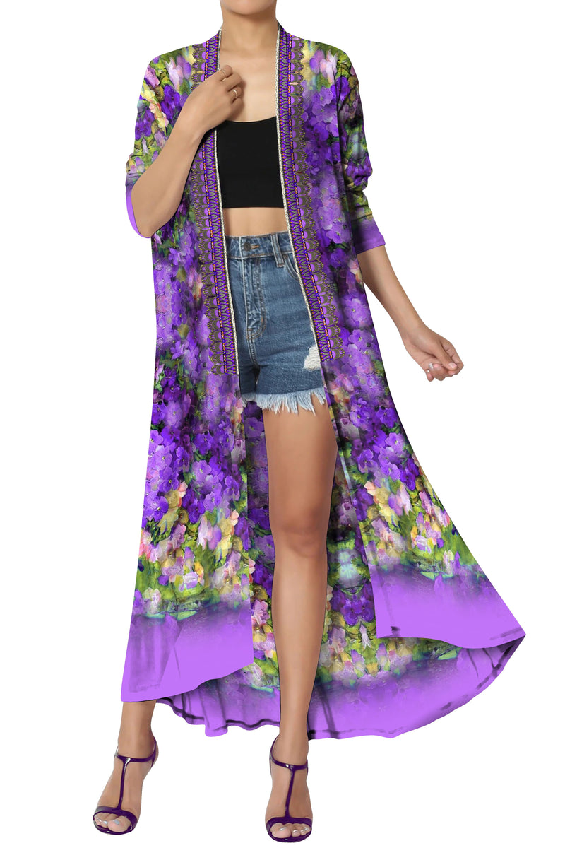 Long Sheer Duster In Floral Print Purple | Duster Coat { Designer Long ...